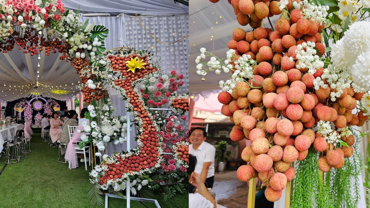 Vải chín ngay lễ cưới, cô dâu lấy 100 chùm vải tươi trang trí cổng rạp ...