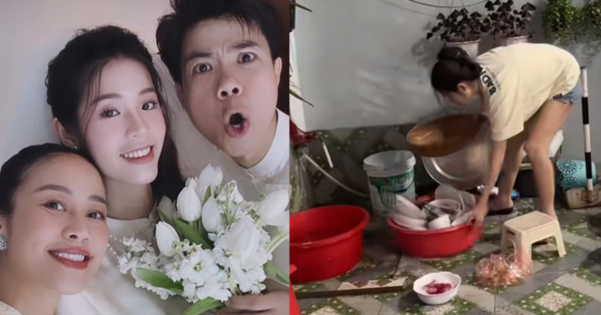 Vợ ca sĩ nổi tiếng Vpop lúi húi rửa đống chén bát sau đám cưới, nhan sắc đẹp lạ ai cũng mê
